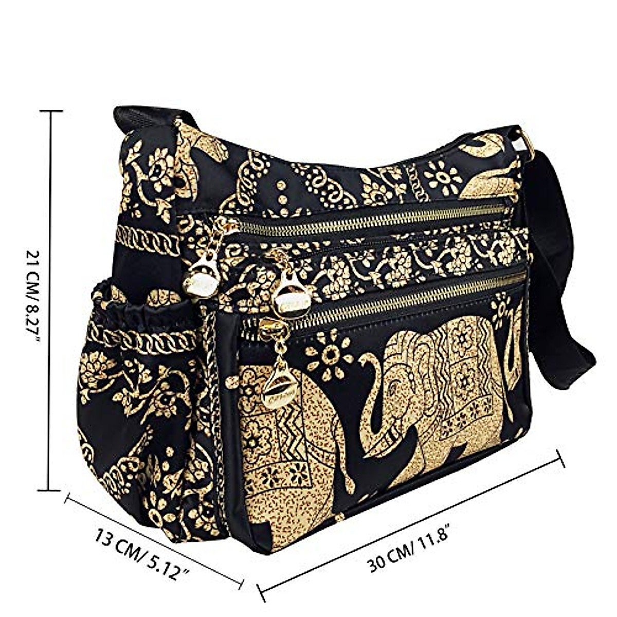 WONSHREE Elephant Purse Multi-Pocket Shoulder Bag Boho Crossbody Bag for Women Unisex Casual Nylon Travel Messenger Bag 11.8 X 7.8 Inch, Black