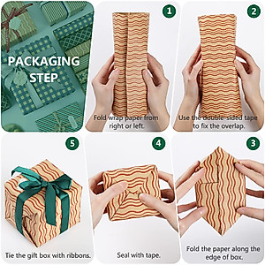 Hianjoo 6 Sheets Gift Wrapping Paper, 20x28 inch Recyclable Kraft Gift Wrapping Paper and 1 Sticker and 4 Ribbon for Birthday, Valentines, Christmas, Graduation, Baby Shower, Easter, DIY Craft