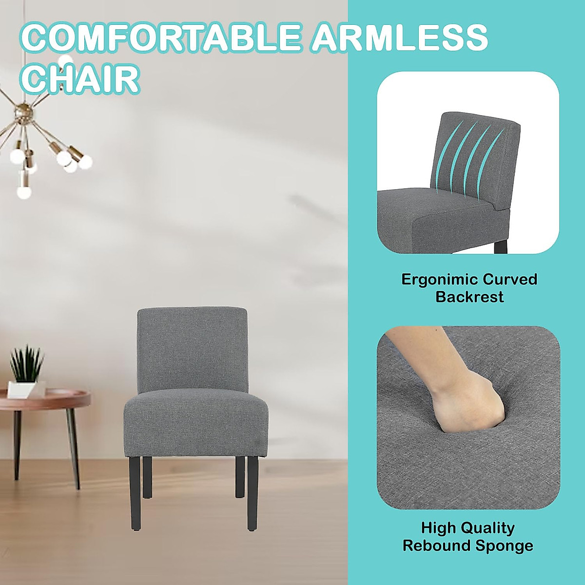 PayLessHere Living Room Chairs,Modern Armless Accent Chairs with Solid Wood Legs, Slipper Chair Makeup Vanity Chair Fabric Comfy Upholstered Arm Chair Accent Chair Side Chair for Living Room, Grey