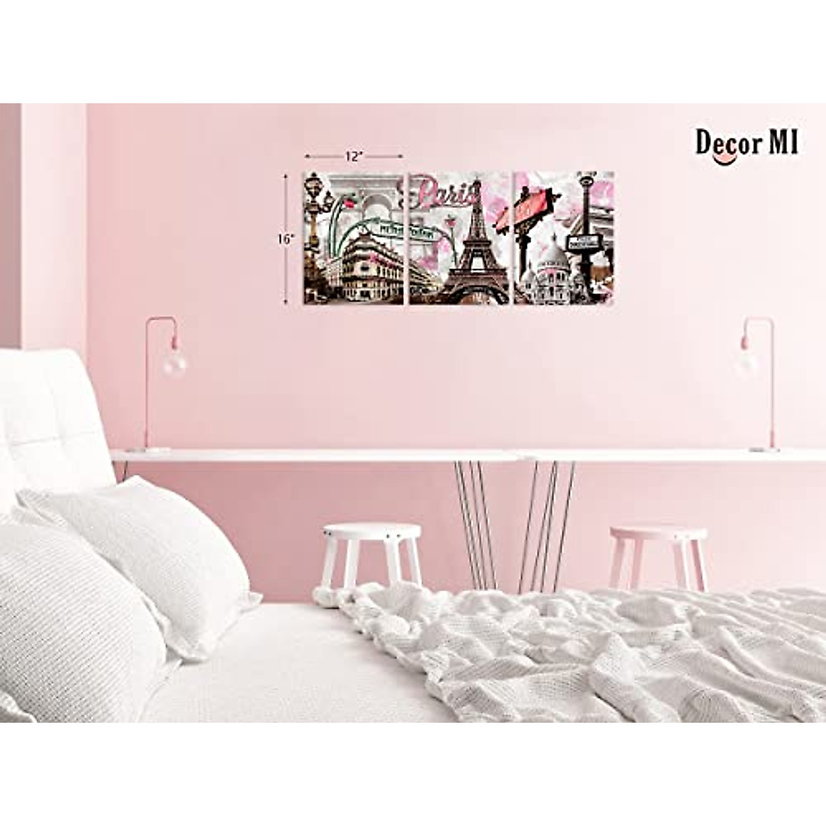 Decor MI Paris Canvas Wall Art Pink Eiffel Tower Paris Decor for Bedroom Canvas Print Wall Art Girls Romantic French Cityscape Framed Print Oil Paintings Living Room Bathroom Kitchen 12x16inch 3 Piece