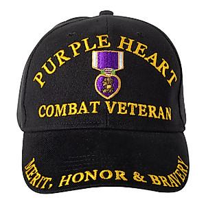 Purple Heart Combat Veteran Embroidered Cap Hat - Adjustable Black