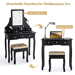 COSTWAY Vanity Desk Set with Mirror, Vanity Desk and Cushioned Stool Set with 5 Storage Drawers, Makeup Dressing Table for Bedroom Women Girls (Black)