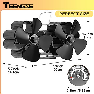TEENGSE Heat Powered 8 Blade Wood Stove Fan, Flue Pipe Hanging Fireplace Fan for Home Wood Burning Stove Silent Indoor Stove Accessory Heat Distribution-Black with Magnetic Thermometer