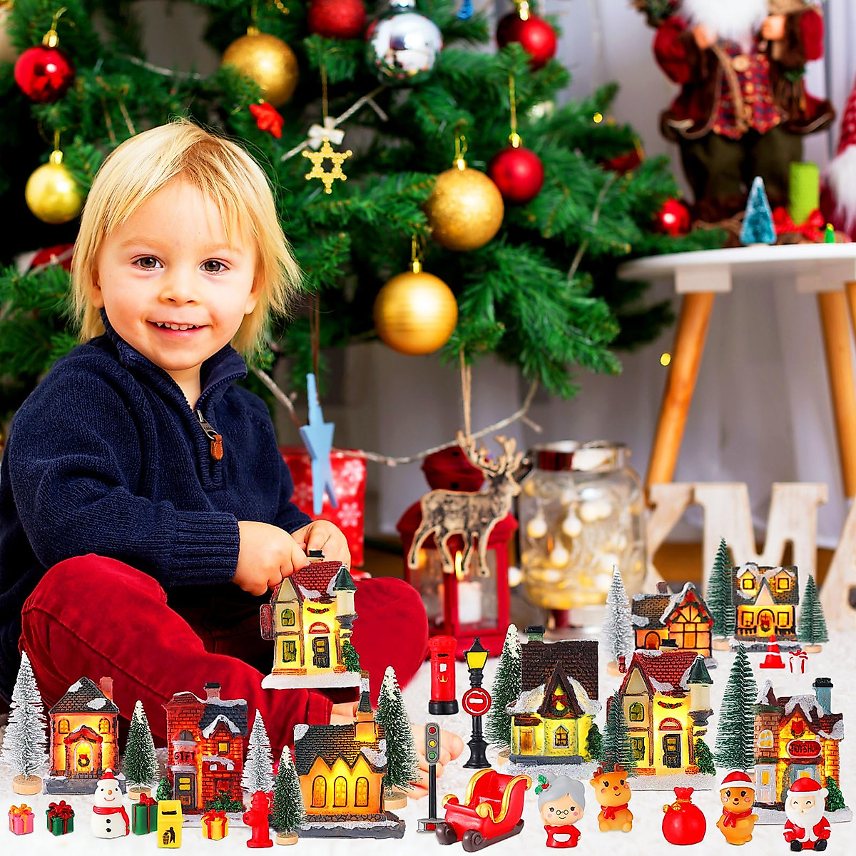 Liliful 40 Pcs Christmas Village Sets Lighted LED Christmas Village Houses with Figurines Resin Xmas Scene Figurines Christmas Collectible Buildings Miniature Christmas Town Scene Desktop Decor