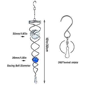 12 inch Gazing Ball Spiral Tail, Prefdo Stainless Steel Wind Spinner Stabilizer with 2 Glass Balls Prism and Hanging Swivel Hook for Outdoor Yard Garden Decoration(Royal Blue)