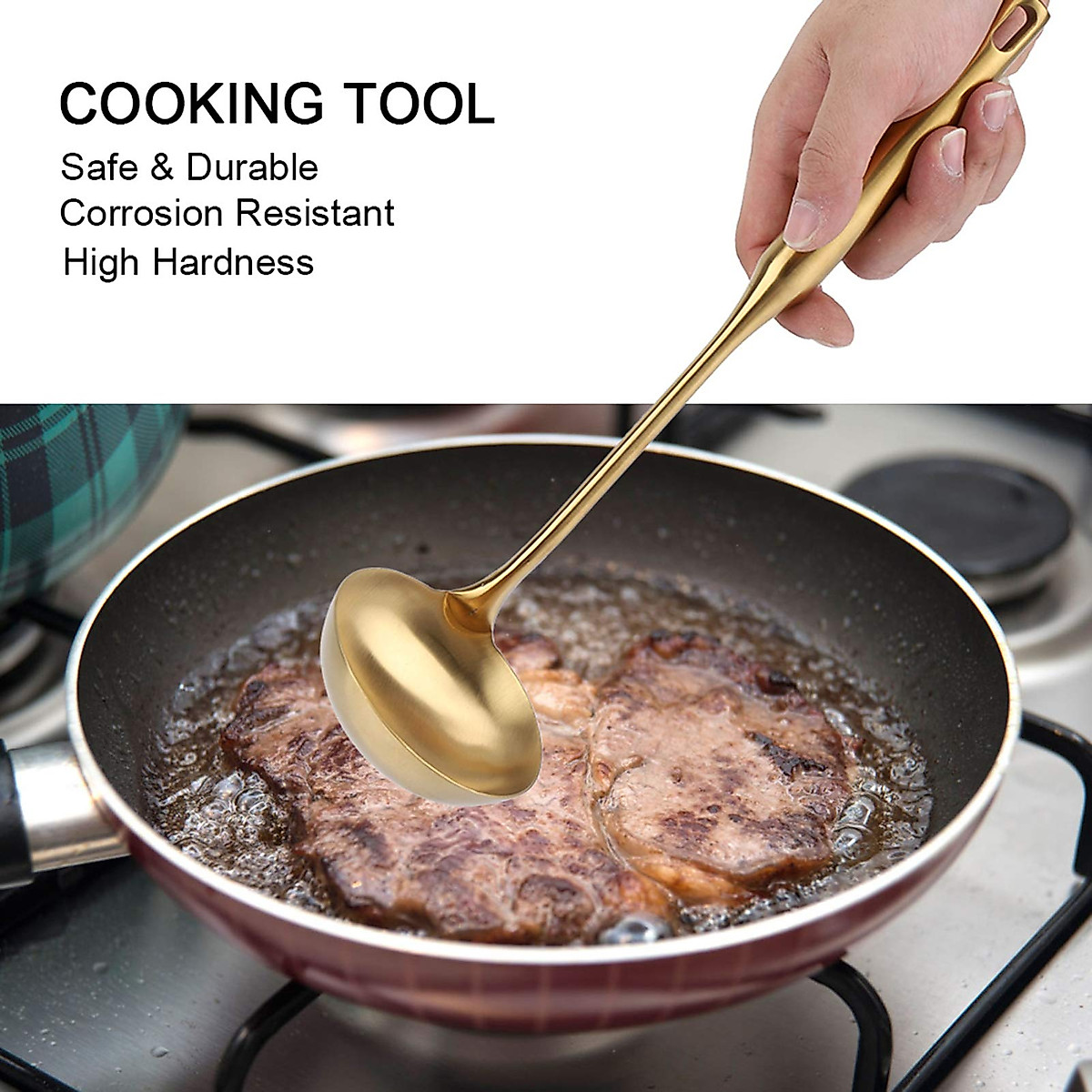 Stainless Steel Ladle Spoon Kitchen Turner, Big Soup Ladle Useful Kitchen Turner Cooking Tool Utensil Tool (Soup Ladle-Gold)
