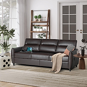 STHOUYN 85” Brown 3 Seater Couch with USB, Mid Century Modern Leather Sofas Couches for Living Room Small Spaces, Apartment Couch, Large Office Couch, Stain Resistant & 3 Tufted Cushion (Brown)