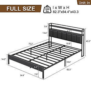 CollaredEagle Full Size Bed Frame with Headboard, Metal Bed Frame with Charging Station and LED Lights, Heavy Duty Bed with Storage Shelves,Noise Free(Black)