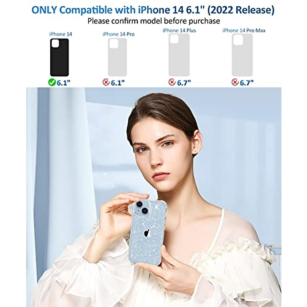 MIODIK for iPhone 14 Case with Screen Protector + Camera Lens Protector, [Non-Yellowing] Clear Glitter Phone Case, [Military-Grade Protective] Shockproof Women Cover for 6.1 Inch - Sparkle Clear