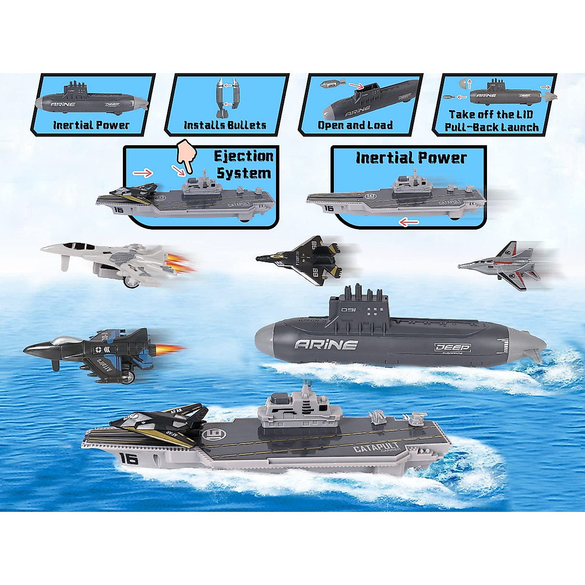 Crelloci Aircraft Carrier Military Naval Ship Toy Play Set with Small Scale Model Planes Fighter Jets, Battleship and Supply Ship for Kids Boy Girl Age 5+ Party Favors Gifts