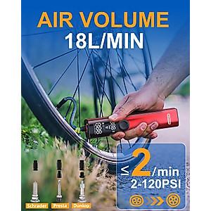 Bike Pump, The Pro Electric Bicycle Pump - Woowind BP188 Tire Inflator Portable Air Compressor with Schrader, Presta and Dunlop Valve Adapters - 150PSI (Red)