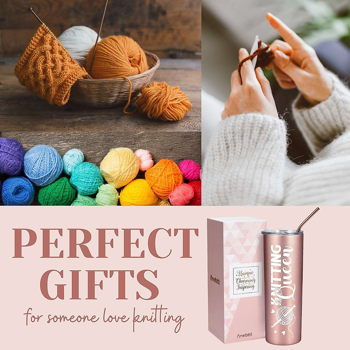 Onebttl Knitting Gifts for Women, Crochet Lovers - Knitting Queen - 20oz/590ml Stainless Steel Insulated Tumbler with Straw & Lid, Crochet Gift for Birthday, Christmas (Rose gold)