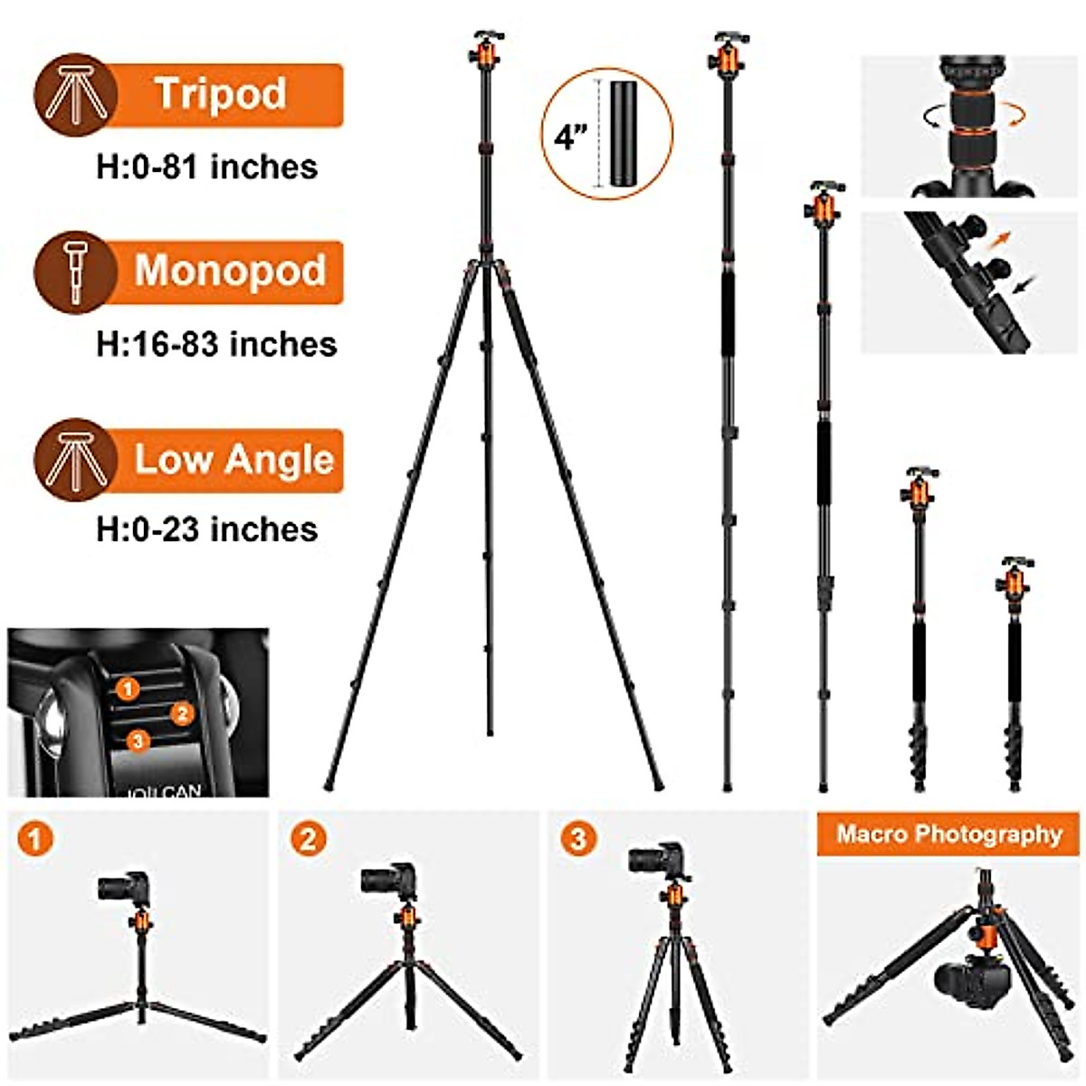 Tripod for Camera, 81" Camera Tripod Stand, 83 inches DSLR Tripods & Monopods, Heavy Duty Travel Tripod for Binoculars Laser Level Spotting Scope Telescope, Professional Complete Tripod Units