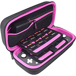 TakeCase Carrying Case Compatible with Nintendo Switch Lite - Includes Pouch That Fits Adapter/Charger, Accessories, and 16 Games Storage - Perfect for Travel - Pink/Black