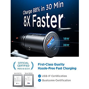 54W USB C Car Charger Fast Charge, AINOPE Super Fast Cigarette Lighter USB Charger Adapter Dual Port PD&QC 3.0 Car Charger USB Fast Charging Compatible with iPhone 14 13 Samsung Galaxy iPad