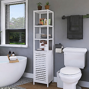 HITNET Bathroom Tall Cabinet, Floor Standing Bamboo Storage Cabinet with 6 Shelves and Shutter Door for Kitchen Living Room, White