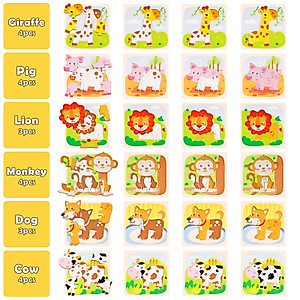 NiToy Wooden Animal Jigsaw Puzzles for Kids, Montessori Educational Building Block Toys Vivid Color Shapes for 36 Month+ Preschool STEM Early Learning Games Gift for Boys and Girls Age 3+ (6 Animals)