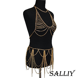 Salliy Boho Body Chain Bra Gold Sexy Rhinestone Bikini Bra Body Halter Backless Sequins Chain Bra Beach Body Accessories Jewelry for Women (Gold Bra + Skirt)