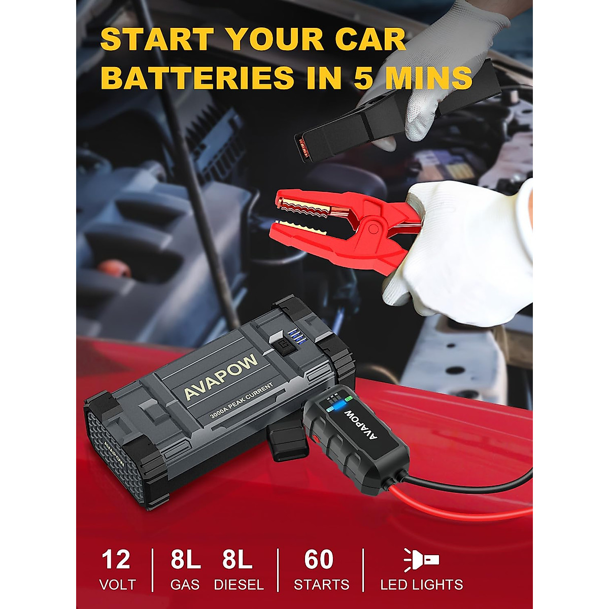 AVAPOW Car Battery Jump Starter 3000A Peak, Jumpstart with Force Start Function, Portable Starters for Up to 8L Gas 8L Diesel Engine with Booster Function,12V Lithium Jump Charger Pack Box