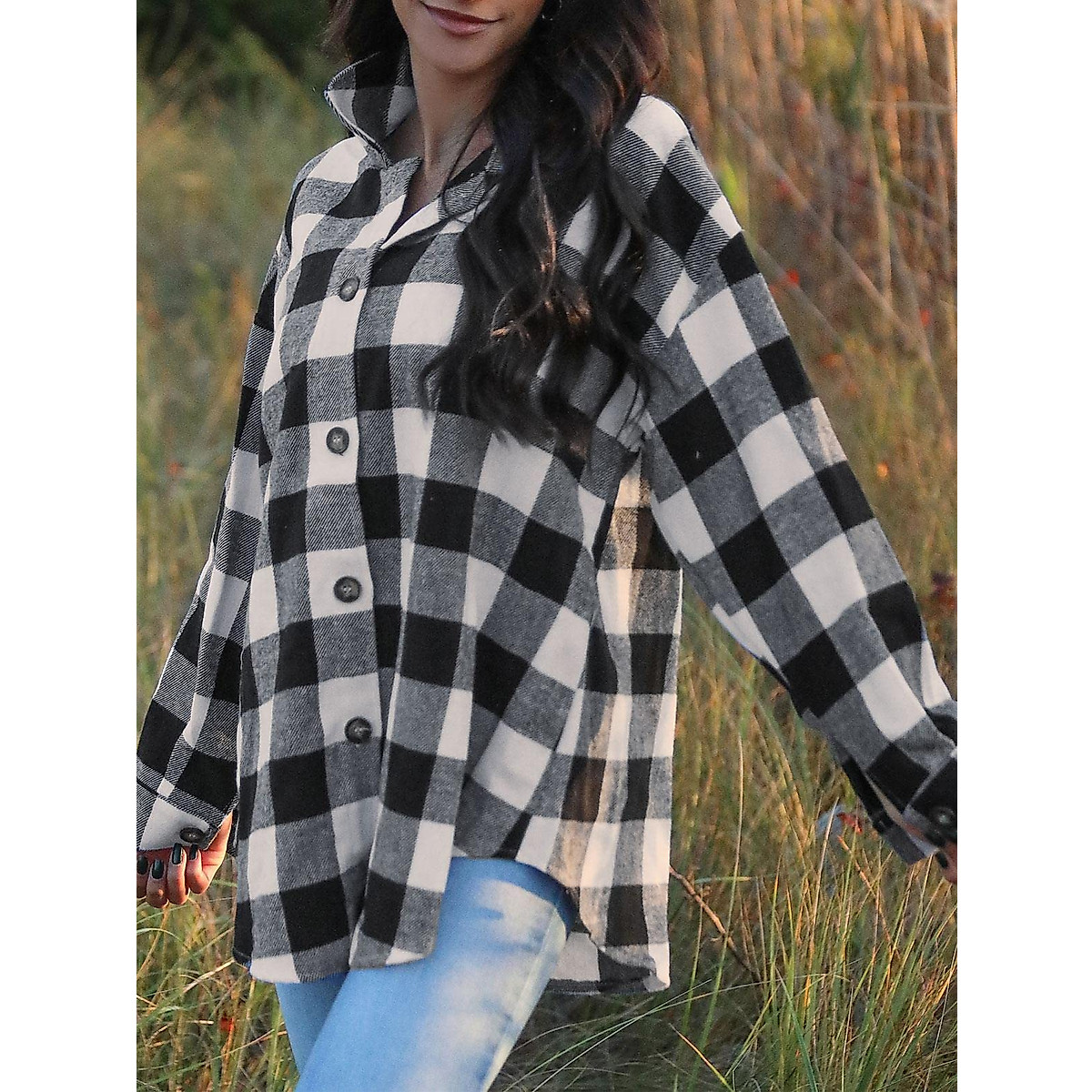 ZAFUL Women's Plaid Long Sleeve Shirt Button Down Wool Blend Thin Jacket Casual Blouse Tops with Pocket Black and White