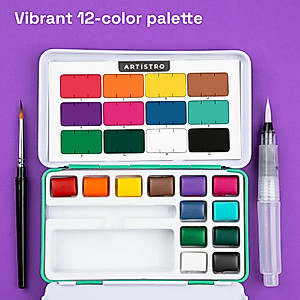 ARTISTRO Watercolor Paint Set 12 Colors, Travel Watercolor Set in Portable Box, Water Color Paint Sets for Kids, Mini Water Colors Paint Adult Set for Artists, Beginners, Amateur Hobbyists