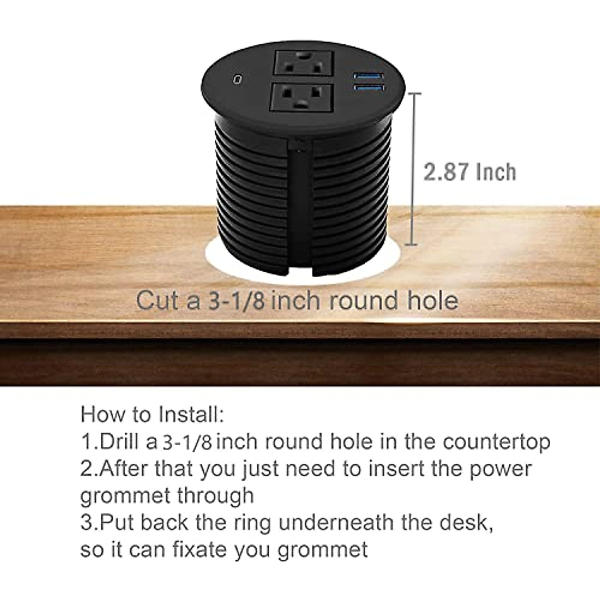 Kungfuking Desktop Power Grommet with PD 20W USB C,Recessed Power Outlets with 2 AC Plugs and 3 USB Charging Ports,Hidden Power Strip for Office Kitchen Cabinet Conference Room