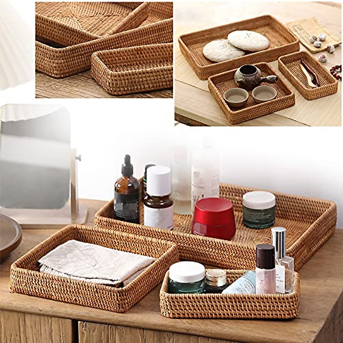 Hipiwe Large Rattan Serving Tray, Handwoven Wicker Basket Organizer Tray, Rectangle Tabletop Breakfast Drinks Snack Fruit Storage Platter Tray for Dining, Coffee, Home Decor (Set of 3)