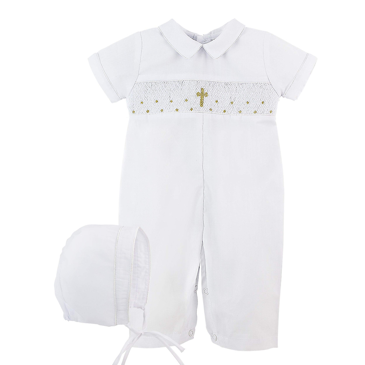 Baptism Outfits for Boys - Elegant Longall with Bonnet Featuring Hand Smocked Gold Cross Design, Perfect for Baby Boy Baptism Outfit or Christening Outfits for Boys, Boy Baptism Outfit, 9M
