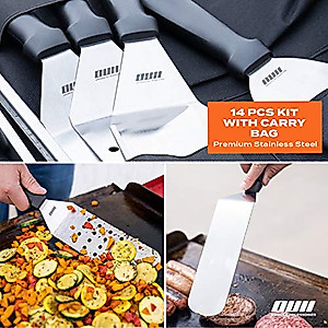 OUII Flat Top Griddle Accessories Set for Blackstone and Camp Chef Griddle - 14 Pieces Set with Griddle Cleaning Kit & Carry Bag! Metal Spatula, Griddle Scraper, Egg Rings for Teppanyaki & Gas Grill