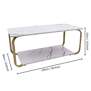 Rectangular Coffee Table for Living Room, 39.4" Faux White Marble Coffee Table with Storage Shelf, 2-Tier Modern Center Table with White Faux Marble Tabletop, Gold Metal Frame