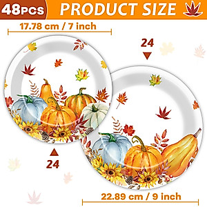 48 Pcs Thanksgiving Fall Paper Plates Party Supplies, Watercolor Pumpkins Maple Leaves Disposable Plates (9'' + 7'') for Fall Party Autumn Harvest Holiday Thank You Dinnerware Decorations Favors