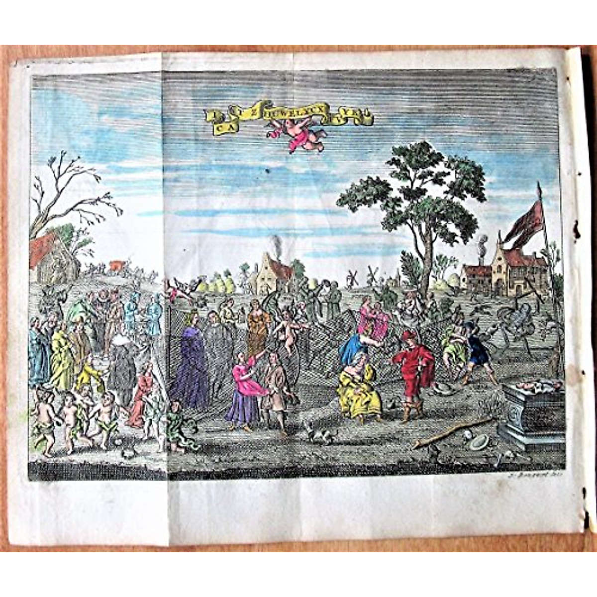 Antique Copperplate Engraving: Crowd Scene with Angels and Skeleton