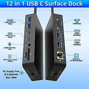 12 in 1 Surface Dock USB C with 100W Power Supply - 2 Year Warranty - Surface Pro Docking Station with Dual 4K HDMI+VGA for Surface Pro 11/10/9/8/X/7+/7,Surface Laptop, Surface Go