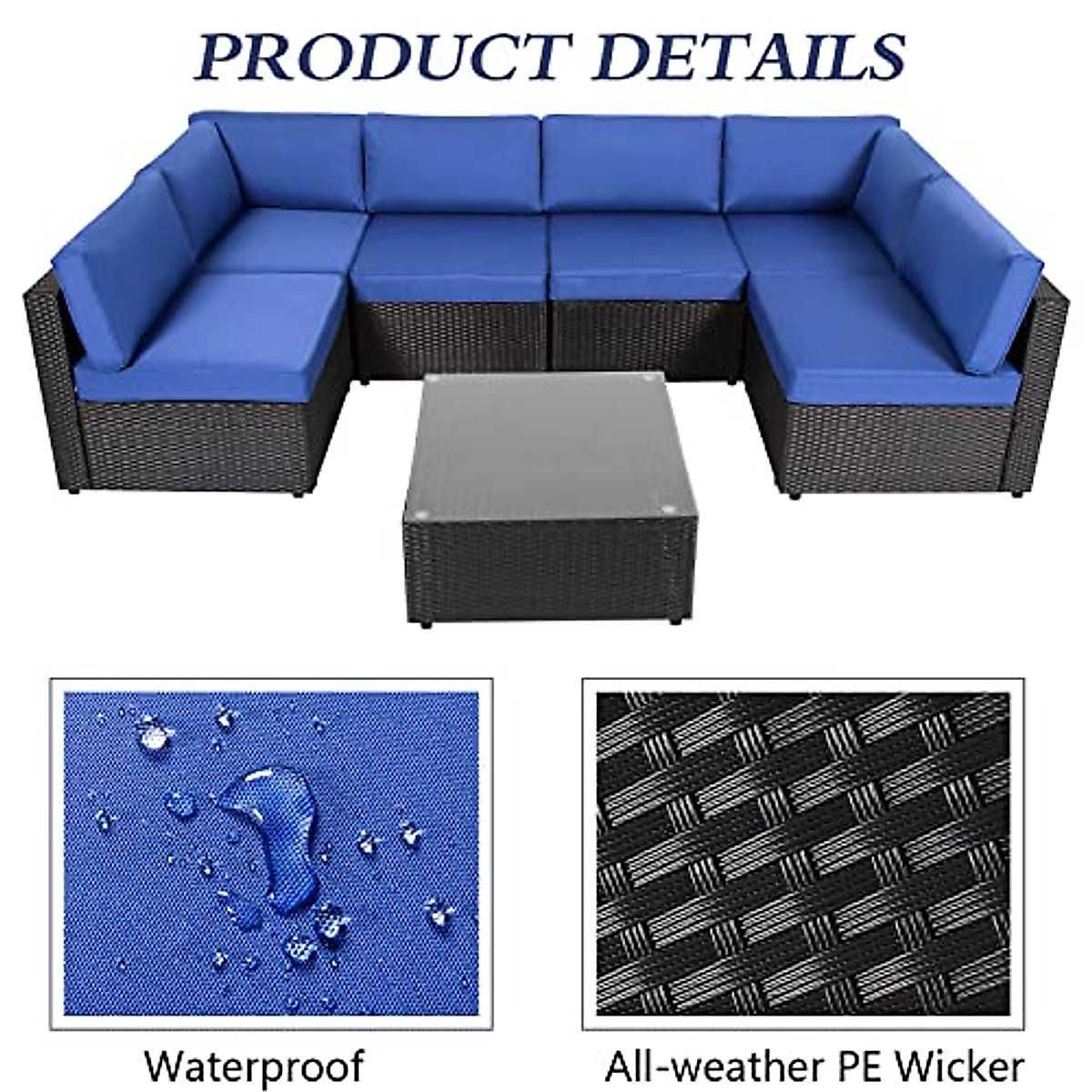 J-SUN-7 7 Pieces Outdoor Patio Furniture Set, All Weather Black PE Rattan Wicker Sofa Set, Sectional Furniture Sofa Couch Set with Dark Blue Cushions and Glass Table for Garden Porch Poolside