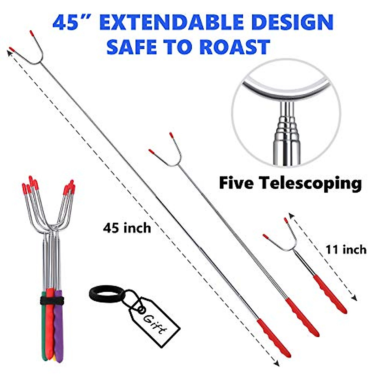 Liund Marshmallow Roasting Sticks, Smores Skewers for fire Pit Set of 4 Sturdy Stainless Steel, Multi-Color, Telescopic 45-inch Premium Safe Roasting Sticks for BBQ/Bonfire/Campfire/Hotdog/Grilling
