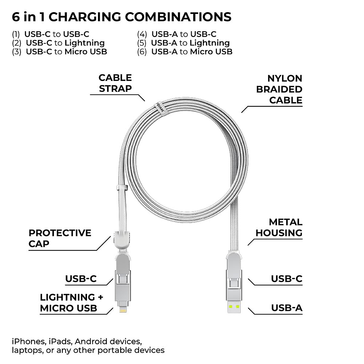 Rolling Square inCharge XL 6-in-1 Multi Charging Cable, Portable USB and USB-C Cable with 100W Ultra-Fast Charging Power, 6.5 Ft/2m, Glacier White