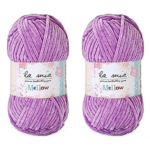 2 Skein La Mia Mellow Velvet Chenille Yarn for Knitting and Crocheting Baby Clothes, Blankets and Accessories, 100% Polyester, 100 gr (3.5 oz) / 115 m (125 Yards), Super Bulky, Purple - 941