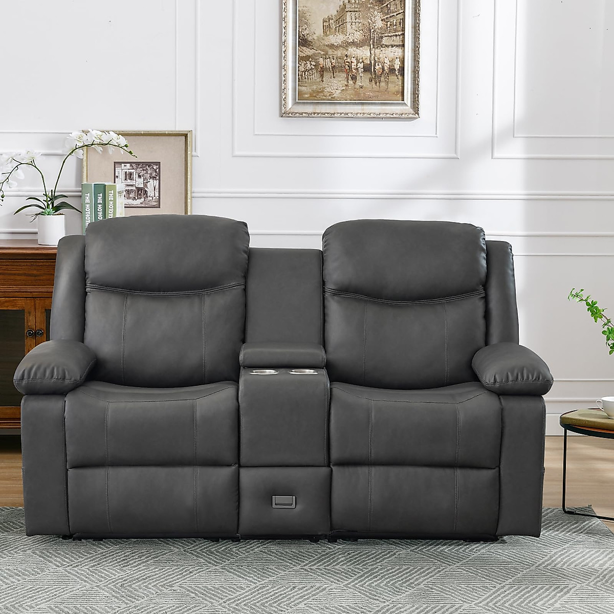 BAIJIAWEI B Loveseat Recliner, Reclining Loveseat with Console, Double Reclining Loveseat, 2 Seater Manual Reclining Couch for Living Room, Office, Home Theater(PU-Grey)