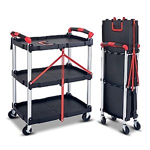 UNICOO Foldable Plastic Utility Cart, Heavy Duty, 3-Tier Rolling Service Cart with Lockable & Silent Wheels, Anti-Rust & Easy Clean for Restaurant, Office, Garage & More, 25.6x15.7x33.5 (Black + Red)