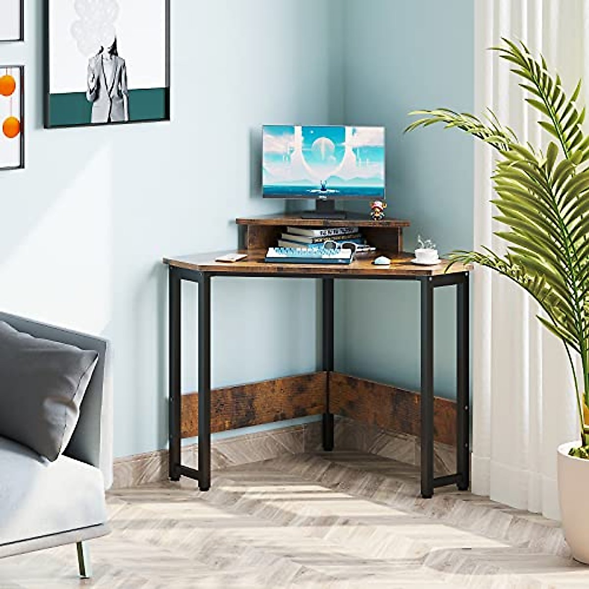ODK Corner Desk Space Saving Small Desk with Sturdy Steel Frame, Computer Desk with Monitor Stand for Small Space, Easy Assembly Triangle Vanity Desk with Durable Wooden Desktop