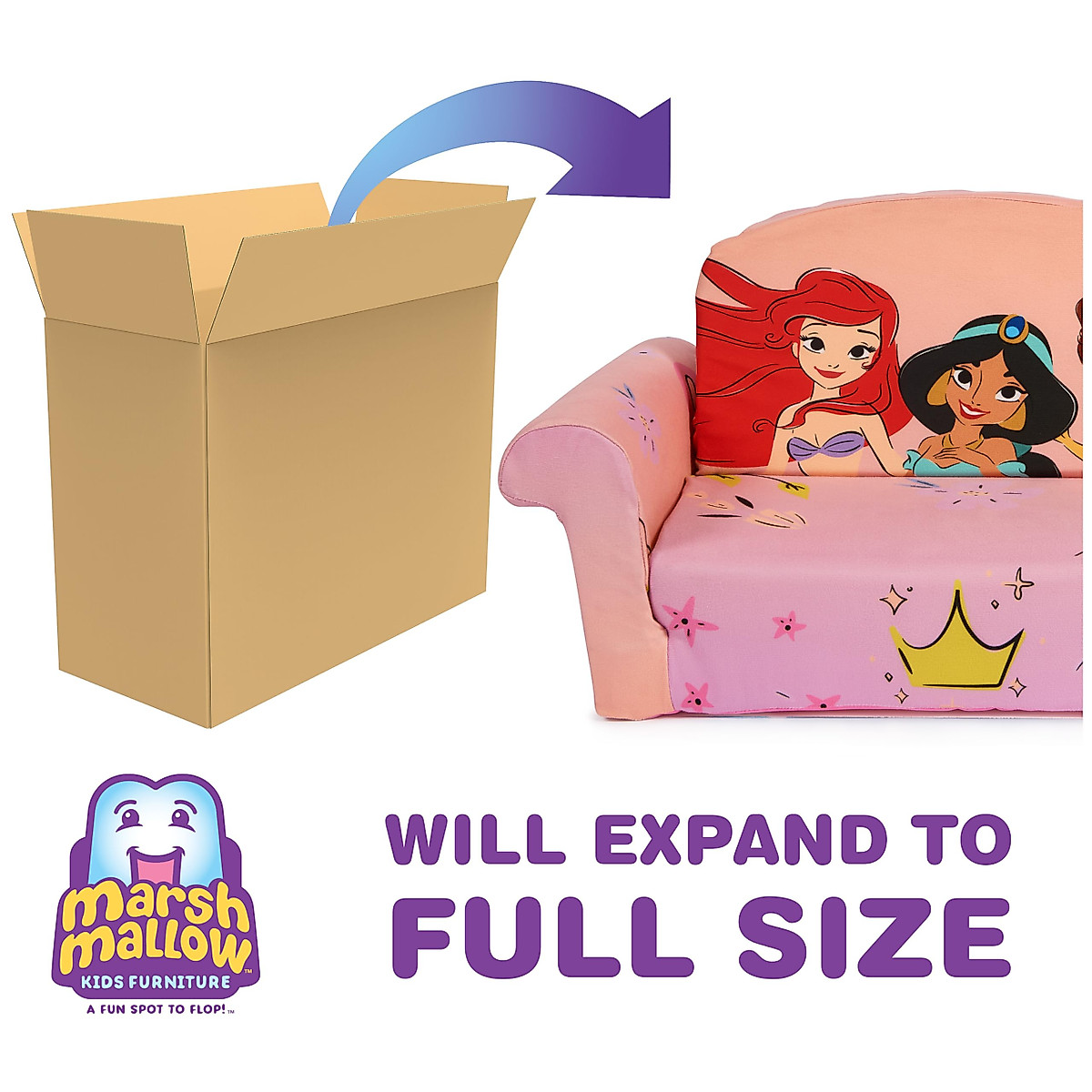 MARSHMALLOW Furniture, Disney Princess 3-in-1 Slumber Sofa, Foam Toddler Nap Mat with Attached Blanket