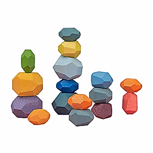 Atzi Hats 16 Balancing Wooden Blocks Stocking Stuffers for Toddlers Montessori Multicolored Stacking Stones Building Sensory Fun Educational Toy Motor Skills, Learning, Color and Shape Recognition
