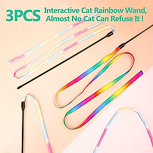 MintCat 3 PCS Interactive Cat String Toy Colorful, Cat Toys Wand Rainbow Cat Ribbon Toy, Feather Kitty Kitten Toys Cat Teaser Wand Toy, Charmer Stick for Indoor Cats Kittens