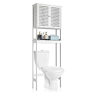 ADUZA Bamboo Over The Toilet Bathroom Storage Cabinet with 2 Doors, Freestanding Toilet Rack with Adjustable Shelves Space-Saving 67 Inches Height White