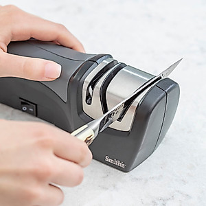 Smith’s 50029 Compact Electric Knife Sharpener , Stainless , Kitchen Knife 2 Stage Sharpener , Electric & Manual , Blade Guide , Quick Sharpening & Polishing , Straight Edge Blades , Handheld 120 V