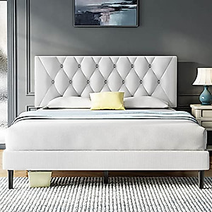 Molblly Full Size Platform Bed Frame with Adjustable Headboard, Linen Fabric Wrap, Strong Frame and Wooden Slats Support, No Box Spring Needed, Non-Slip and Noise-Free, Easy Assembly, White