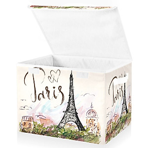 DOMIKING Paris Eiffel Tower Collapsible Rectangular Storage Bins with Lids Decorative Lidded Basket for Toys Organizers Fabric Storage Boxes with Handles for Pet/Children Toys Clothes Nursery