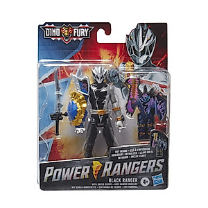 Power Rangers Dino Fury Black Ranger with Shield Sleeve 6-Inch Action Figure Toy, Dino Fury Key, Chromafury Saber Accessory, Ages 4 and Up