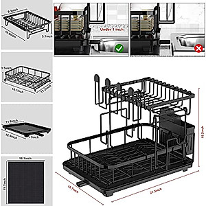 Cibert Dish Drying Rack with Drainboard Set, 2 Tier Dish Racks for Kitchen Counter, Black Dish Drainer Set, Kitchen Dish Drying Rack with Dish Drying Mat, Large Dish Drainer Rack with Utensil Holder