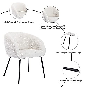 DUOMAY Modern Faux Fur White Barrel Dining Chair, Upholstered Accent Side Chair Makeup Vanity Chair with Back Living Room Leisure Chair with Black Metal Legs for Bedroom Dining Room